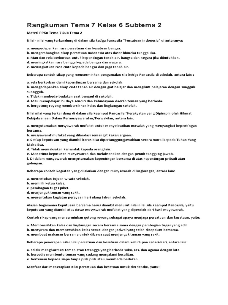 Rangkuman Tema 7 Kelas 6 Subtema 2 Tanggal 140222 | PDF
