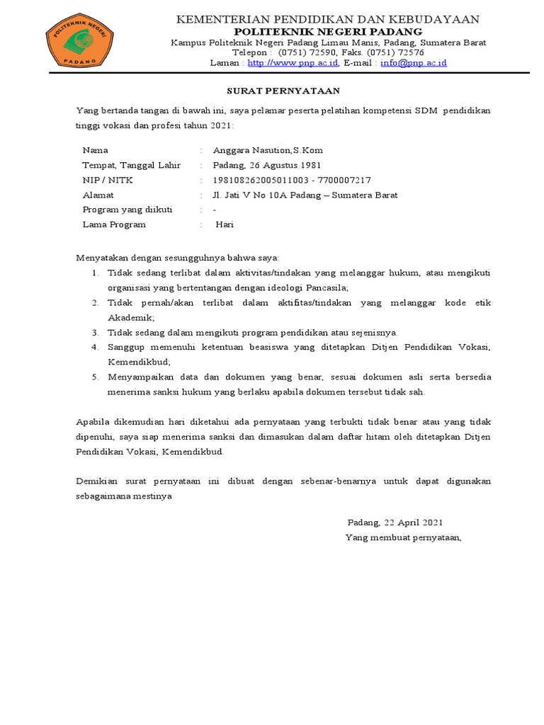 Surat Pernyataan Sertikom 2021 | PDF