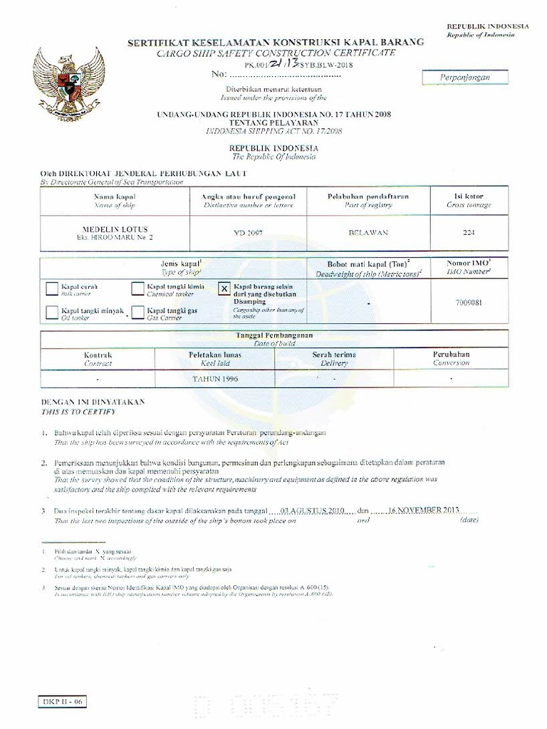 Cargo Safety Construction Certificate (Kontruksi) | PDF