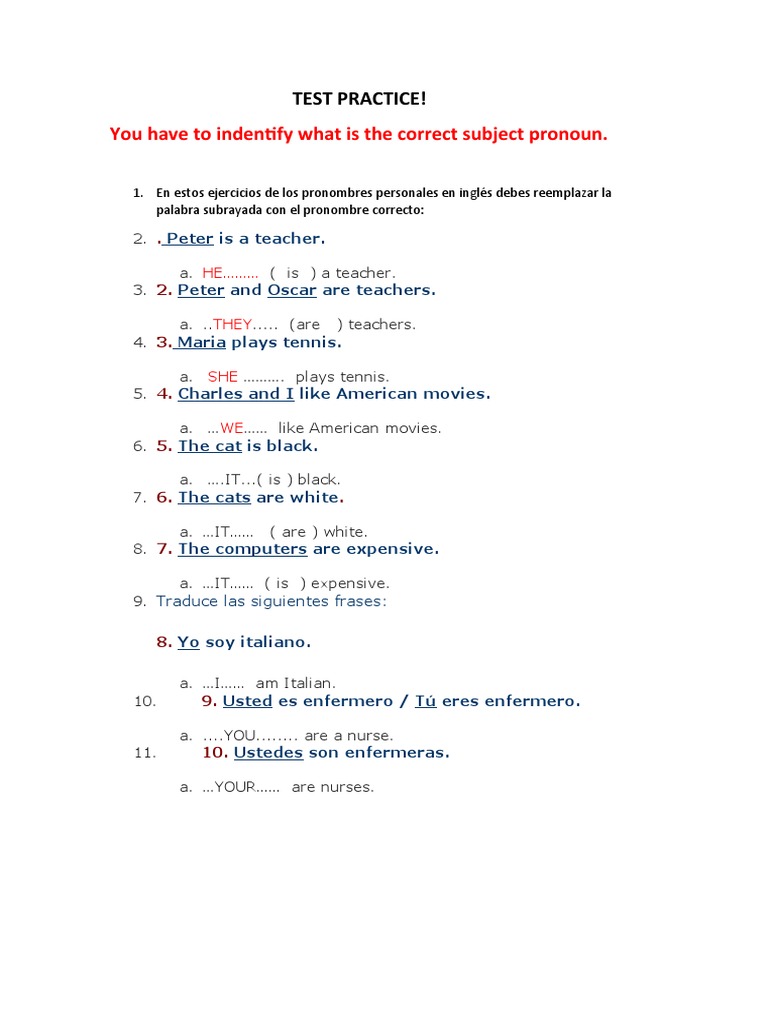 Ejercicios de Pronombres Personales | PDF