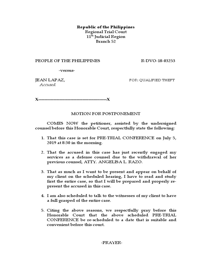 Motion For Postponement - Jean Lapaz | PDF | Courts | Prosecutor