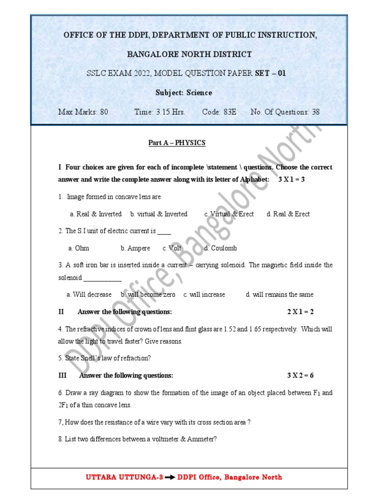 Bangalore North District SSLC Exam 2022, Model Question Paper Set - 01 ...