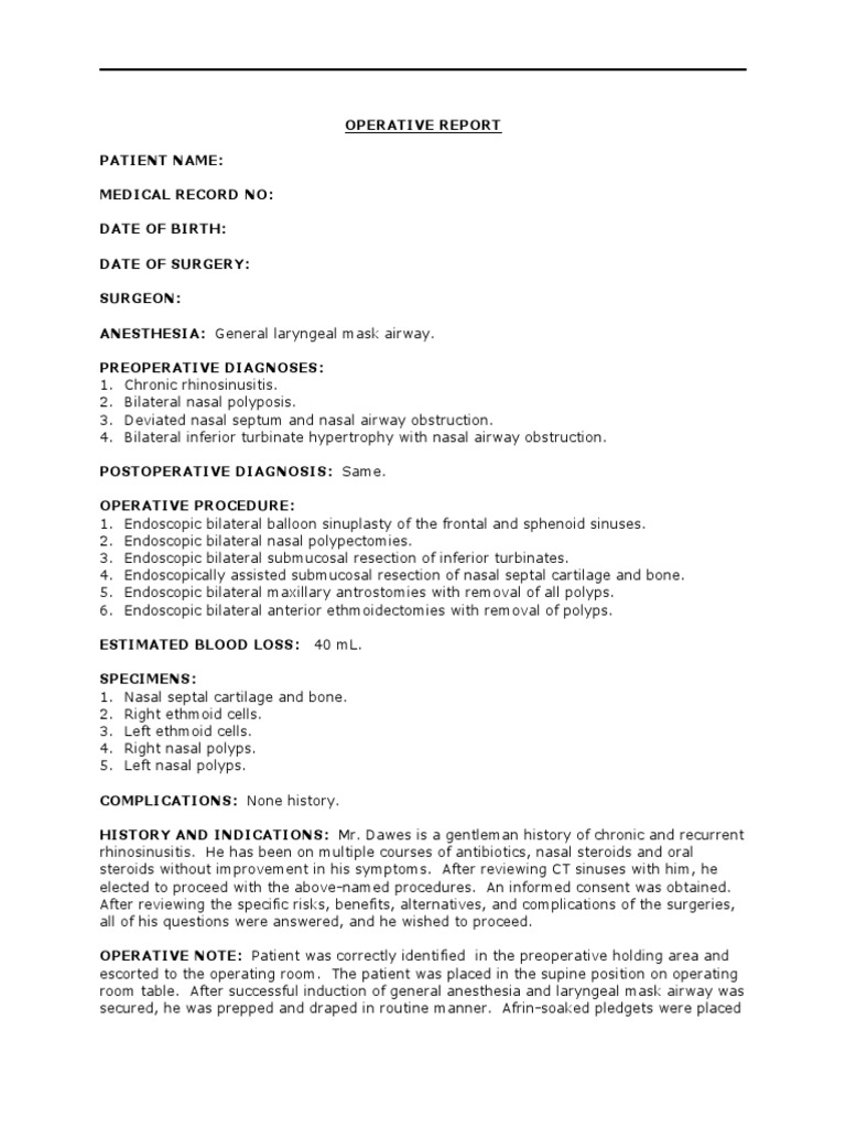 Sample Operative Report | PDF | Human Nose | Diseases And Disorders