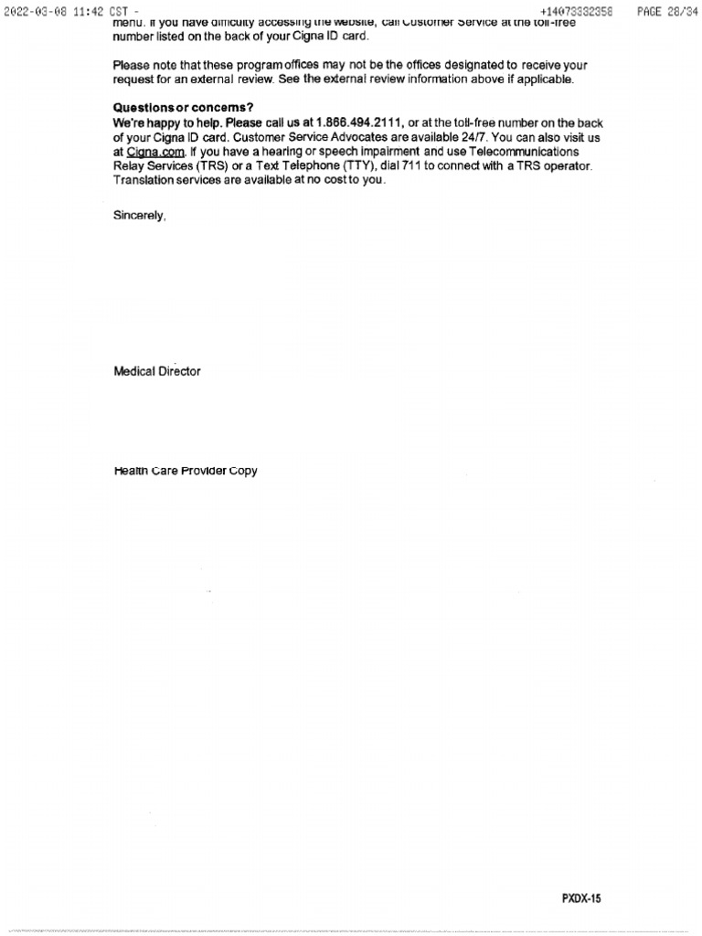 Sample Cigna Denial Letter 4 | PDF