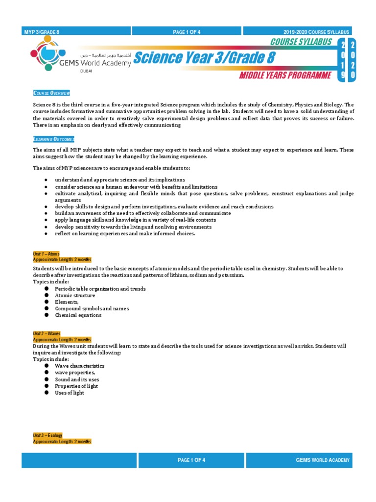 Science Year 3/grade 8: Middle Years Programme | PDF | Science ...