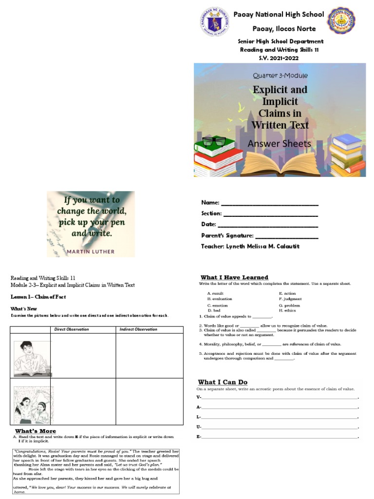 Explicit and Implicit Claims in Written Text: Answer Sheets | PDF