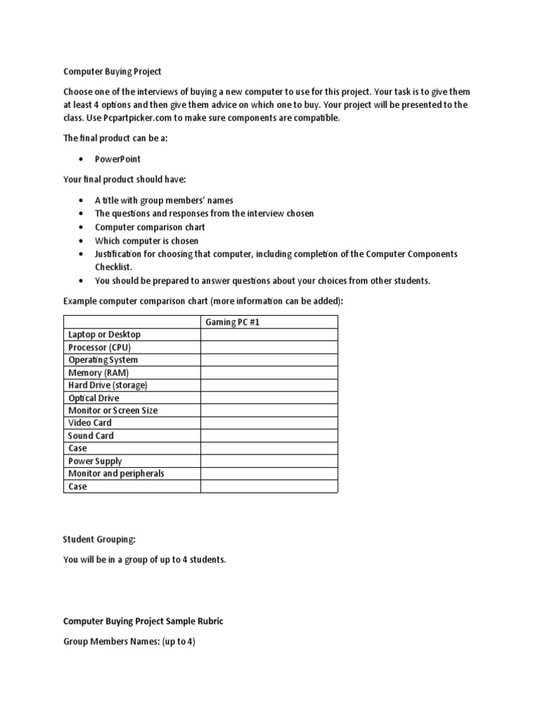 Computer Buying Project Sample Rubric | PDF