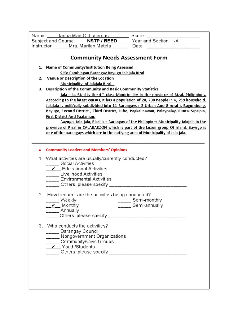 Community Needs Assessment Form | PDF | Community | Economies
