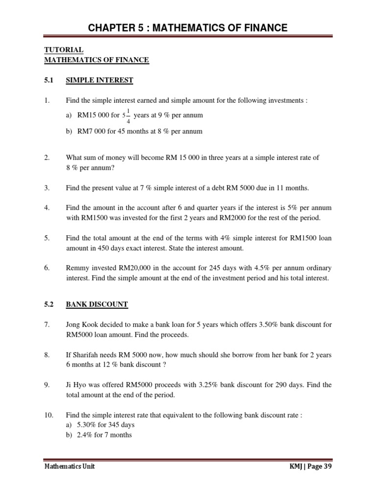 An Analysis of Key Concepts in Mathematics of Finance Including Simple ...