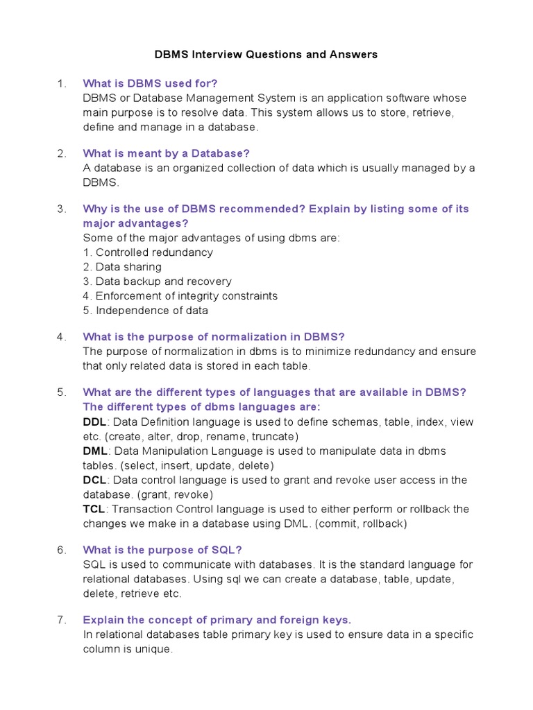 DBMS Interview Questions - Answers | PDF | Databases | Relational Model