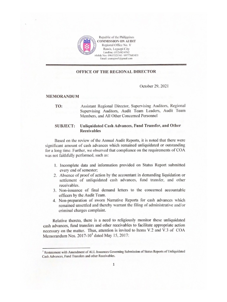 Memo Re Unliquidated Cash Advances Fund Transfer and Other Receivables ...