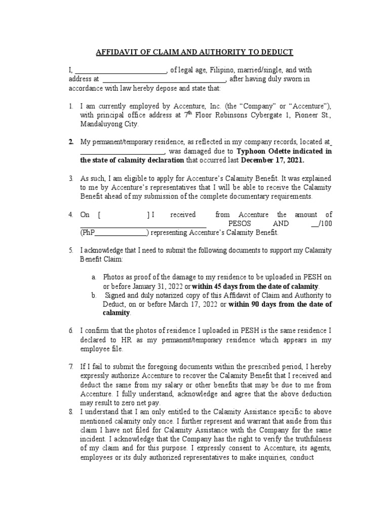 Affidavit of Claim and Authority To Deduct - Typhoon - Template (Odette ...