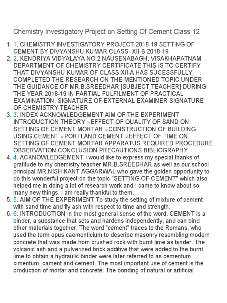 Chemistry Investigatory Project On Setting of Cement Class 12 | PDF ...