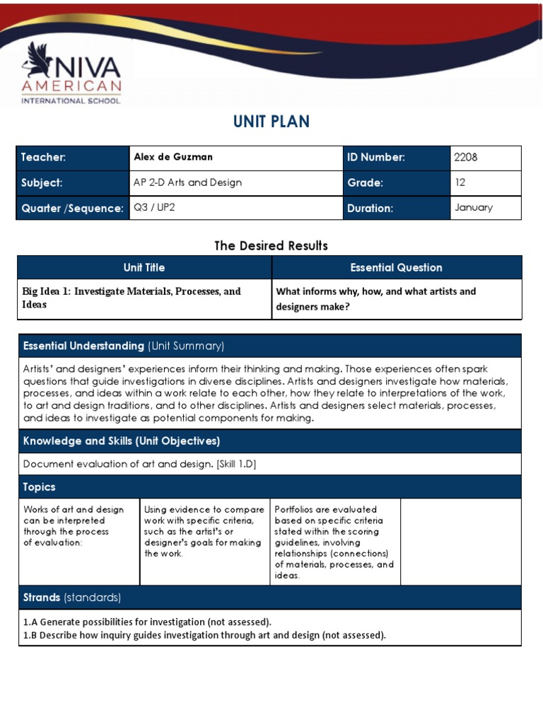 Unit Plan 4 2-D Arts and Design | PDF | Design | Educational Assessment