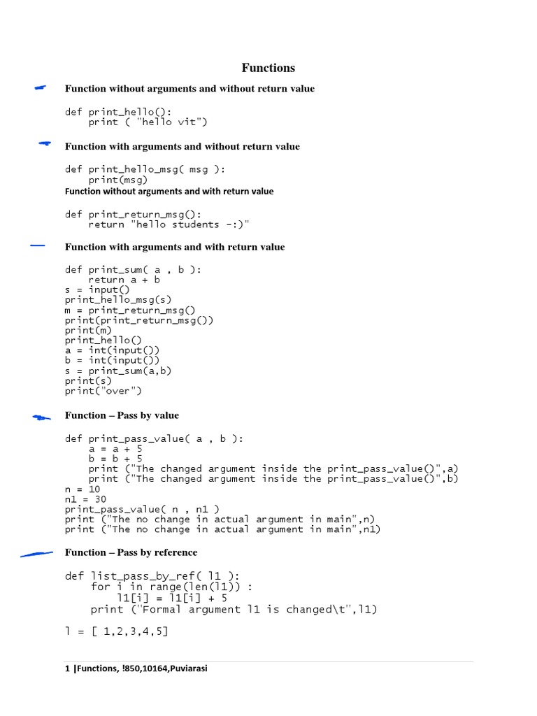 Functions Function Without Arguments And Without Return Value Pdf
