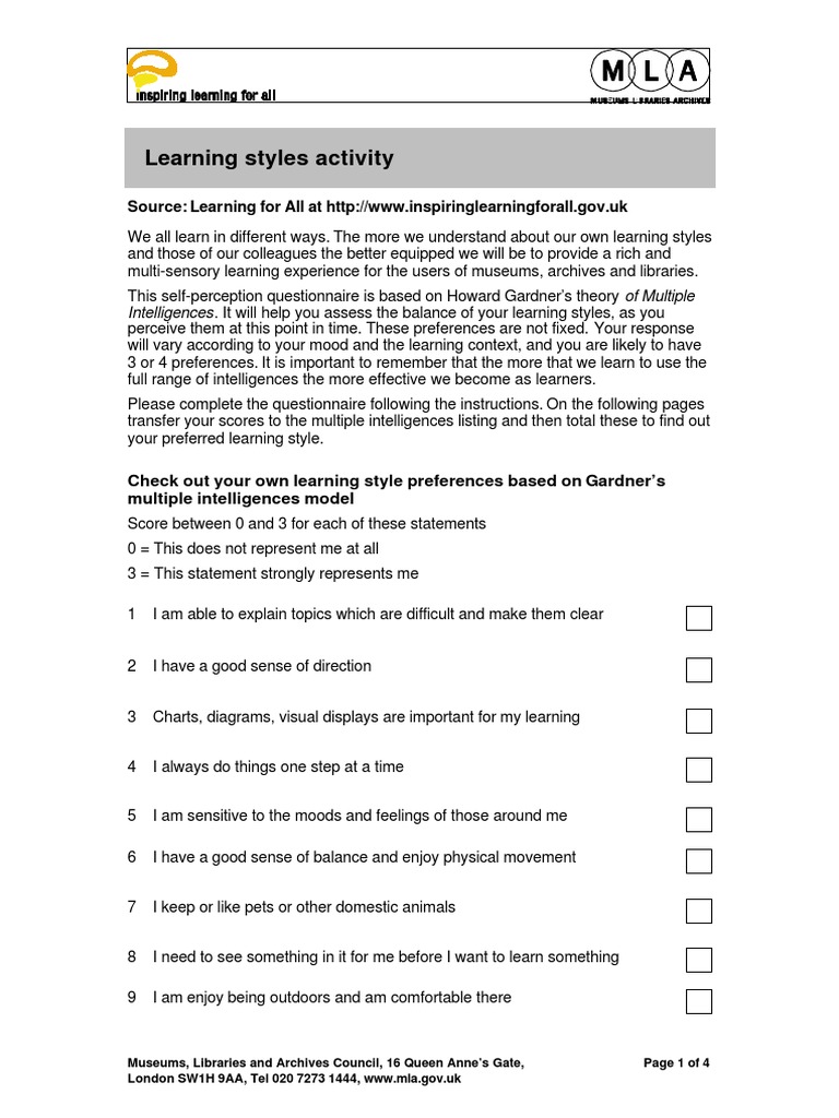 Learning Styles Activity: Source: Learning For All at HTTP://WWW ...