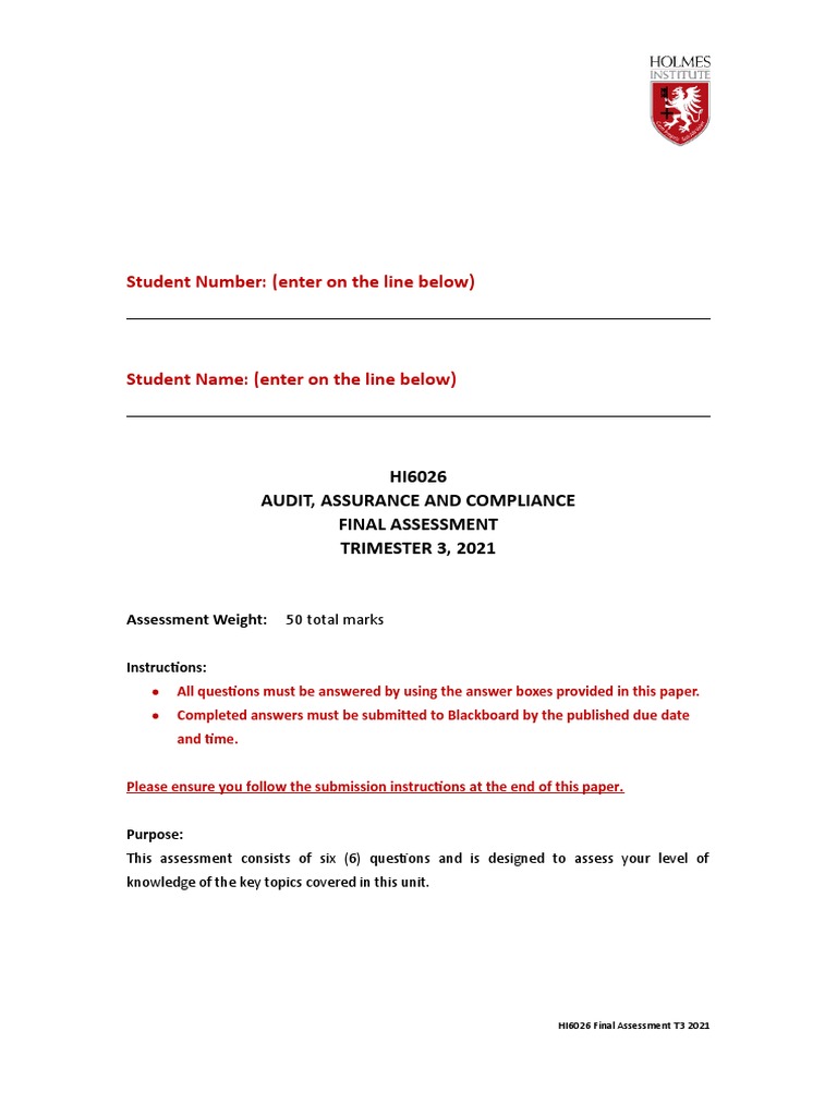 HI6026 Final Assessment T3 2021 | PDF | Audit | Auditor's Report