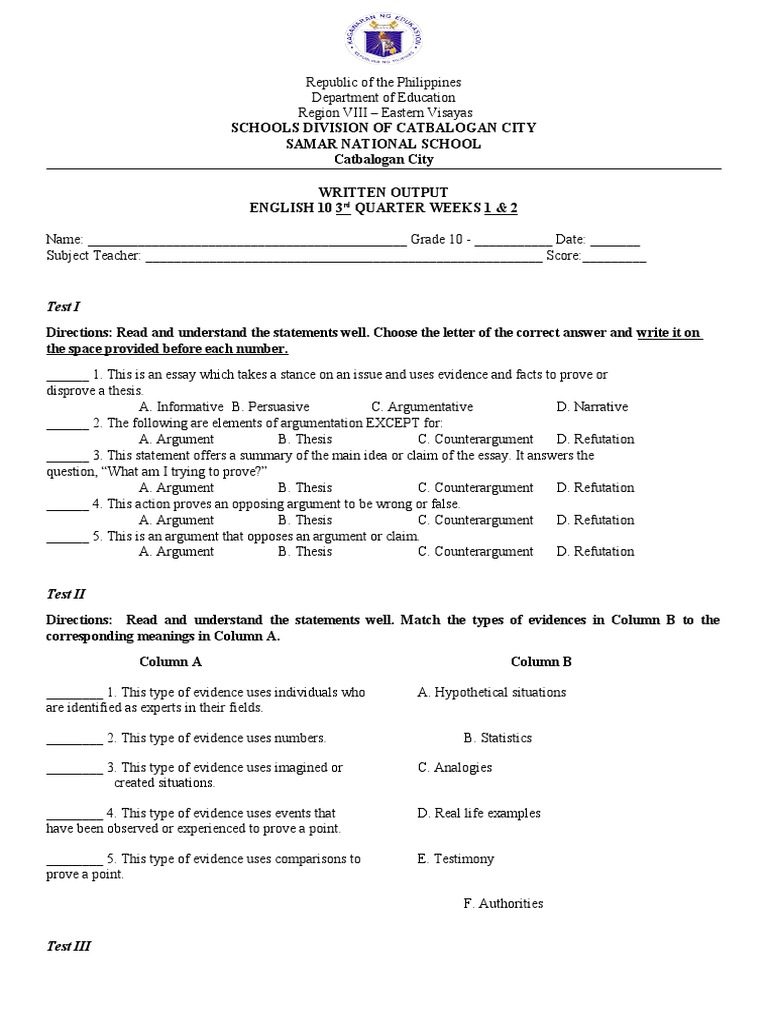 ENGLISH G10 Written Test 3rd Quarter W12 | PDF | Rhetoric | Argument