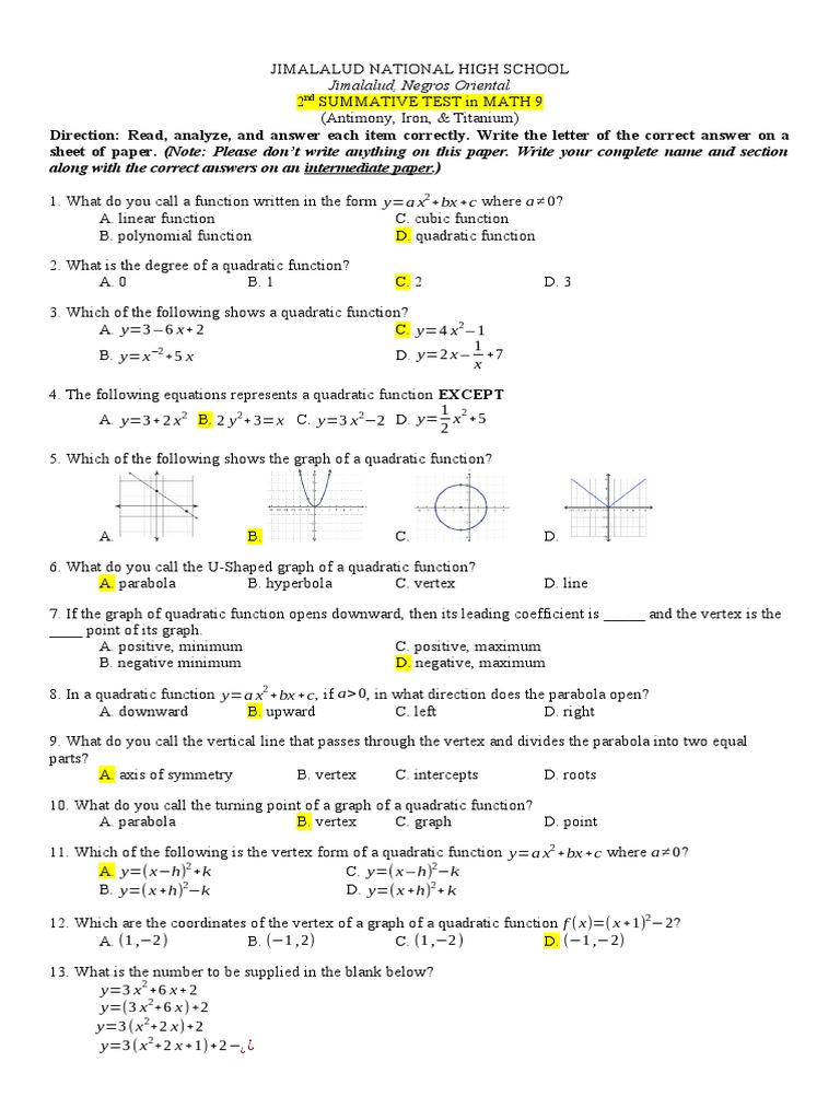 2nd-SUMMATIVE-TEST Math 9 | PDF | Mathematical Analysis | Algorithms