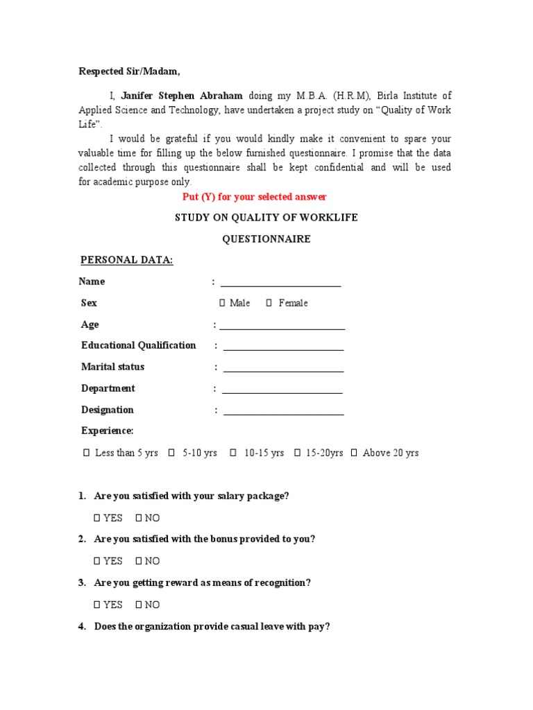 QWL Questionnaire | PDF | Business