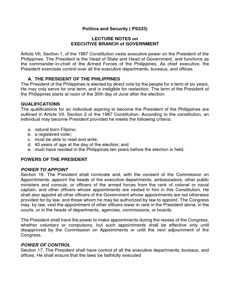 NOTES On EXECUTIVE BRANCH | PDF | American Government | Presidents Of ...