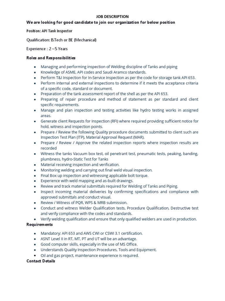 Job Description For API Inspector | PDF | Welding | Construction