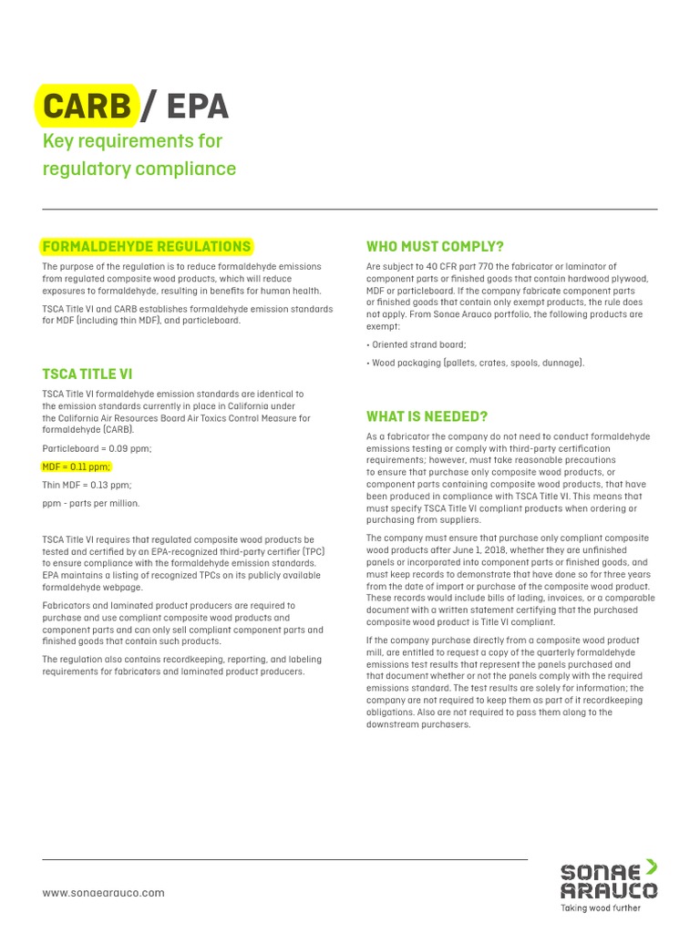 Carb / Epa: Key Requirements For Regulatory Compliance | PDF | Formaldehyde