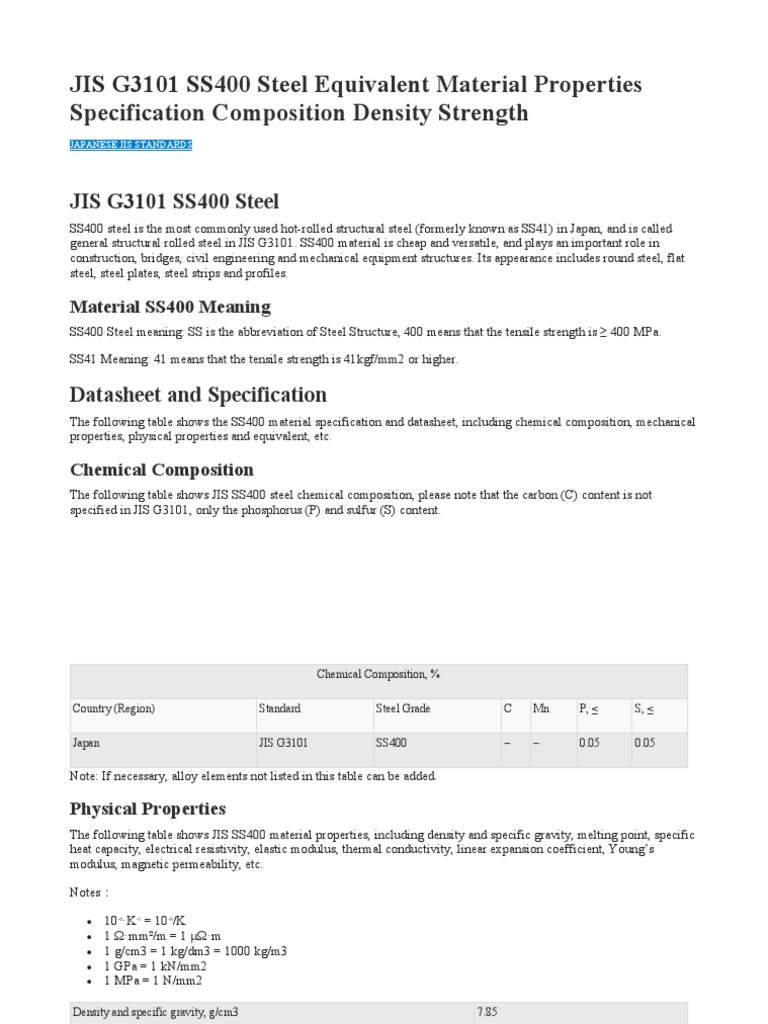 Jis G3101 SS400 Standard | PDF | Young's Modulus | Strength Of Materials