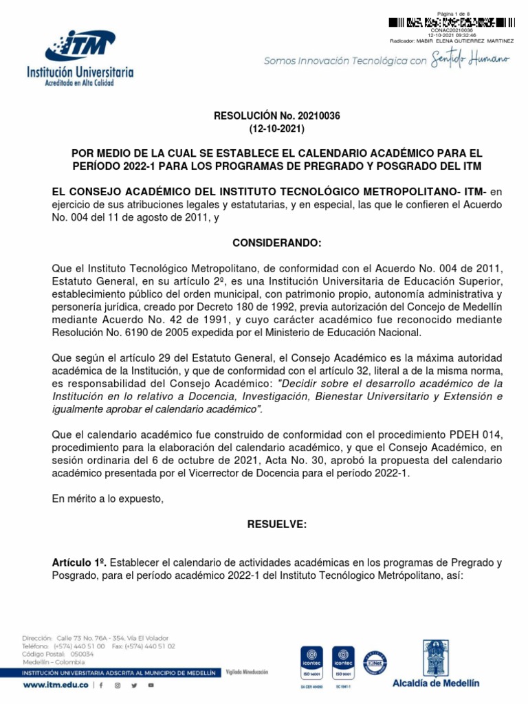 Calendario Académico ITM 2022-1 | PDF