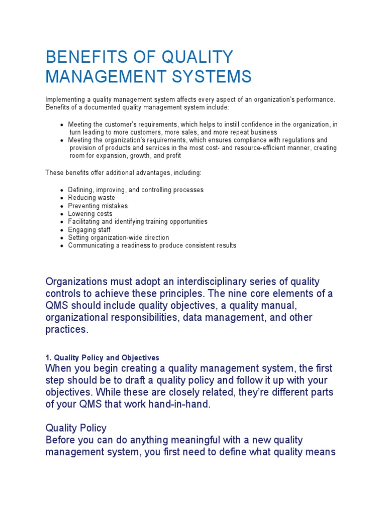 Benefits of Quality Management Systems | PDF | Quality Management ...