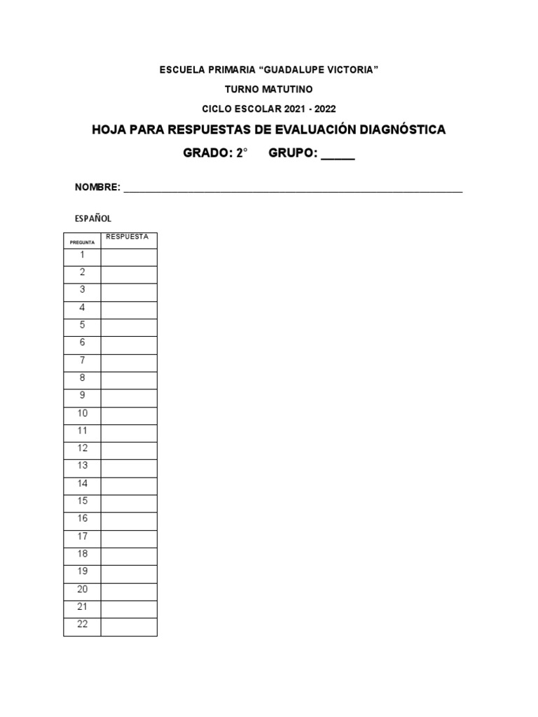 Hoja para Respuestas de Evaluacion Diagnostica-Segundo Grado | PDF