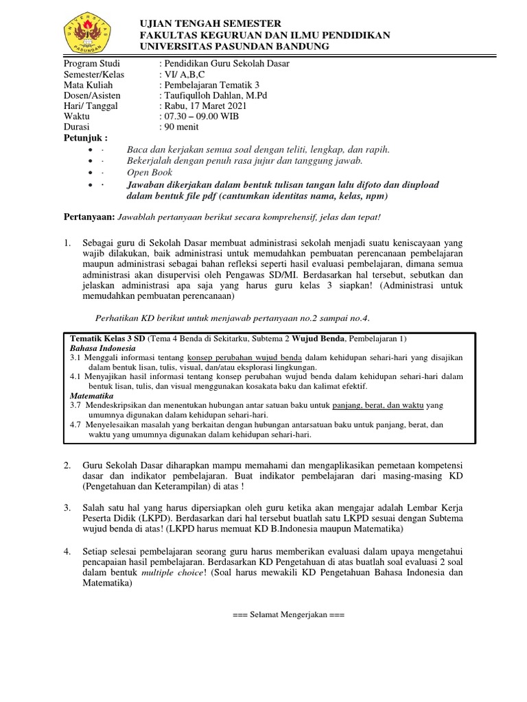 Soal UTS Pembelajaran Tematik | PDF