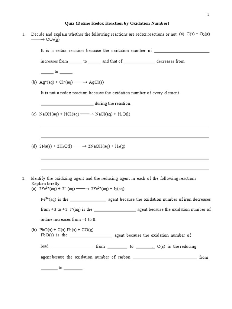 Chapter 7 - Unit Test (Redox Reaction) | PDF | Redox | Chemical Reactions