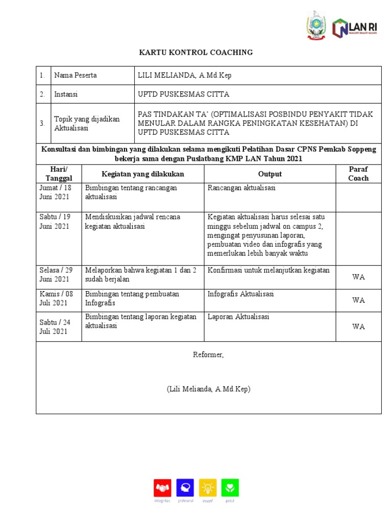 Kartu Kontrol Coaching Dan Mentoring Latsar Soppeng | PDF | Bisnis