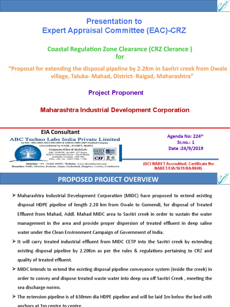 Presentation on Proposed Extension of Treated Effluent Disposal Pipeline in Savitri Creek to ...