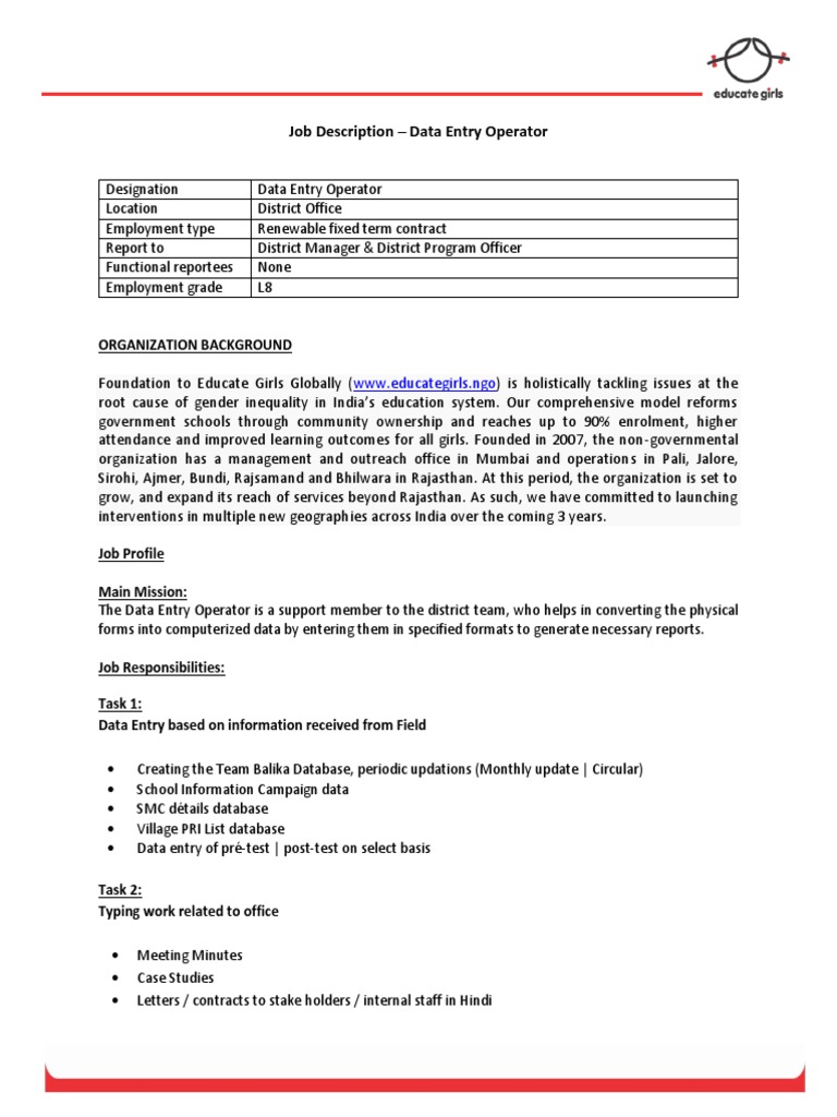 Data Entry Operator Job Description | PDF | Databases | Data
