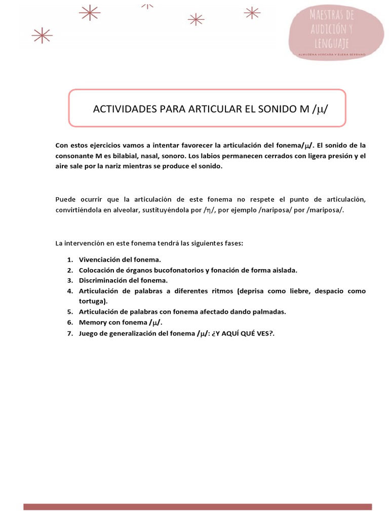 Fonema M Actividades para Articulacion | PDF | Voz humana ...