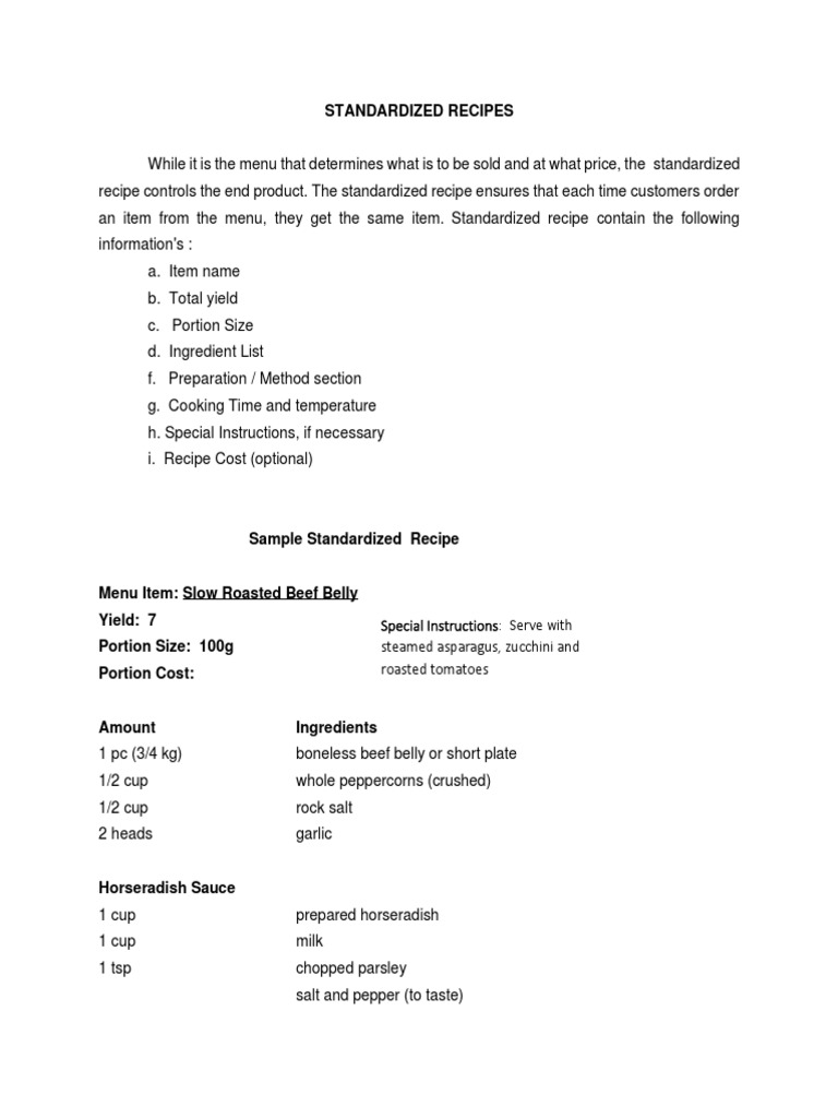 Standardized Recipe Guidelines and Example | PDF | Ounce | Foods