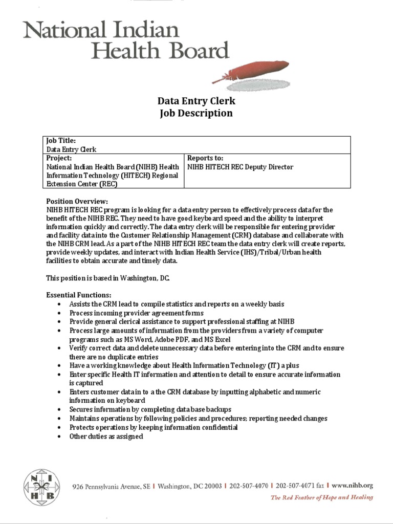 Data Entry Clerk Job Description: Job Title: Project: Reports To | PDF ...