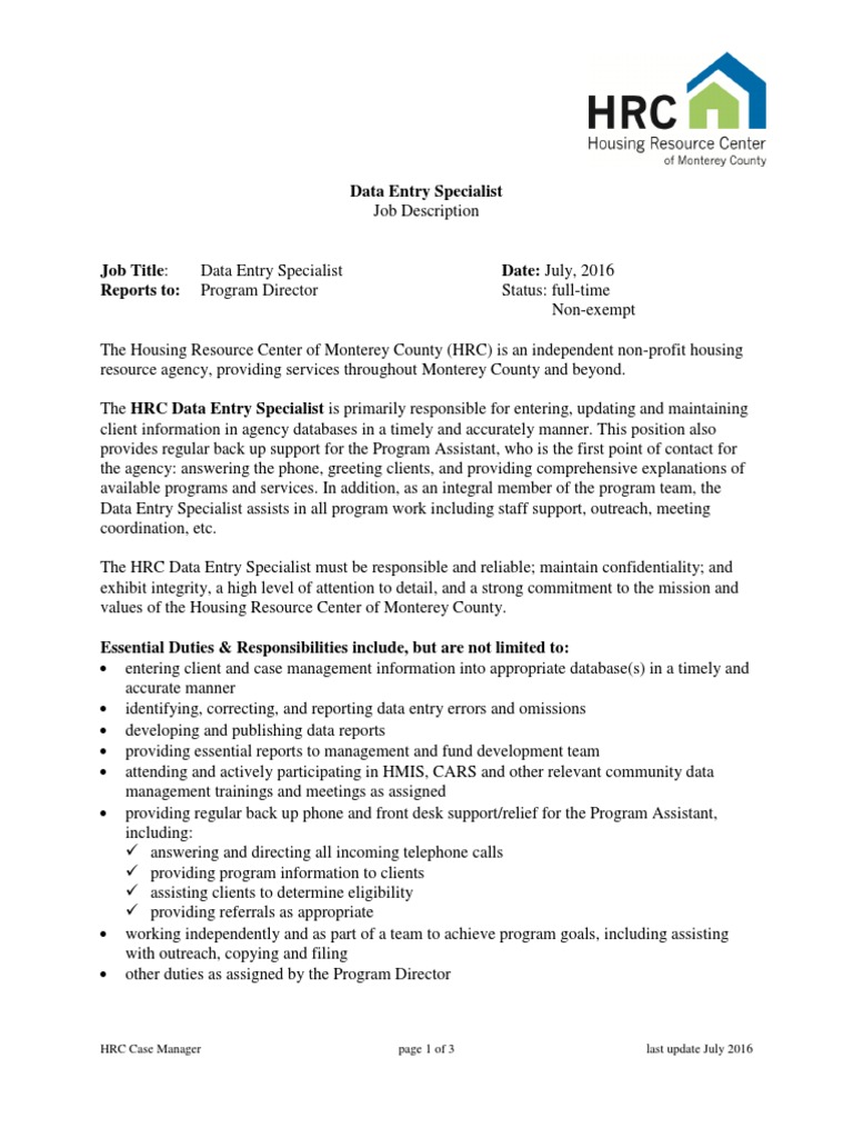 Data Entry Specialist Job Description | PDF | Databases | Data