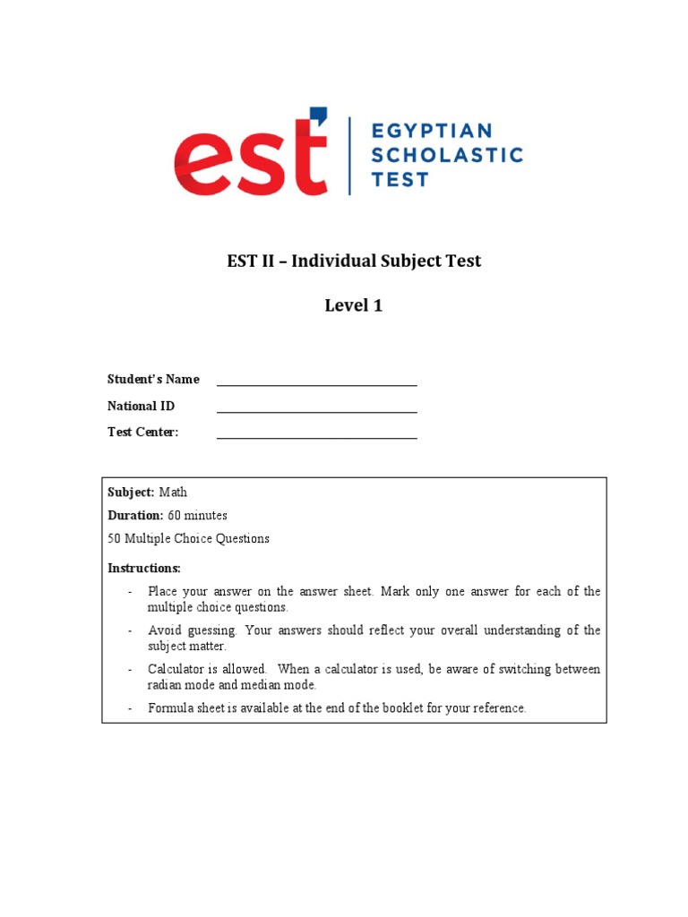 EST II Math Exam Level 1 PDF | PDF | Area | Triangle