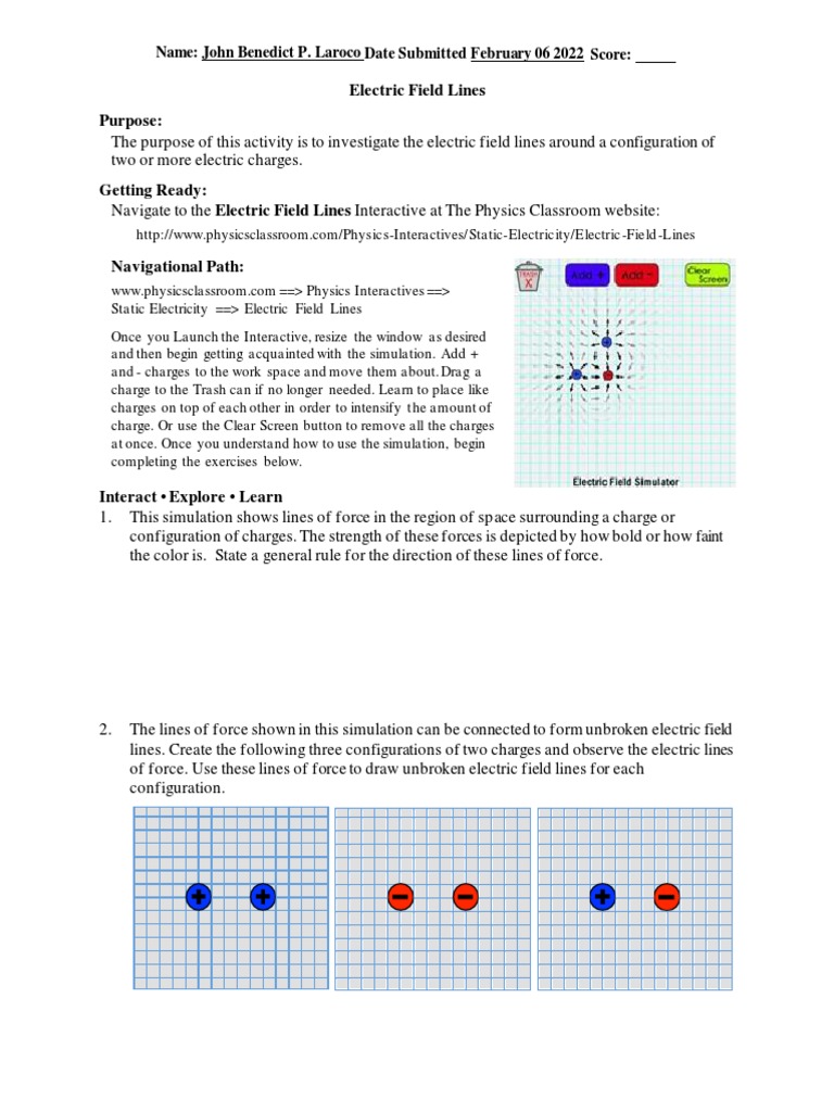 Laroco - Worksheet 2 - Electric Field Lines | PDF | Electric Charge | Force
