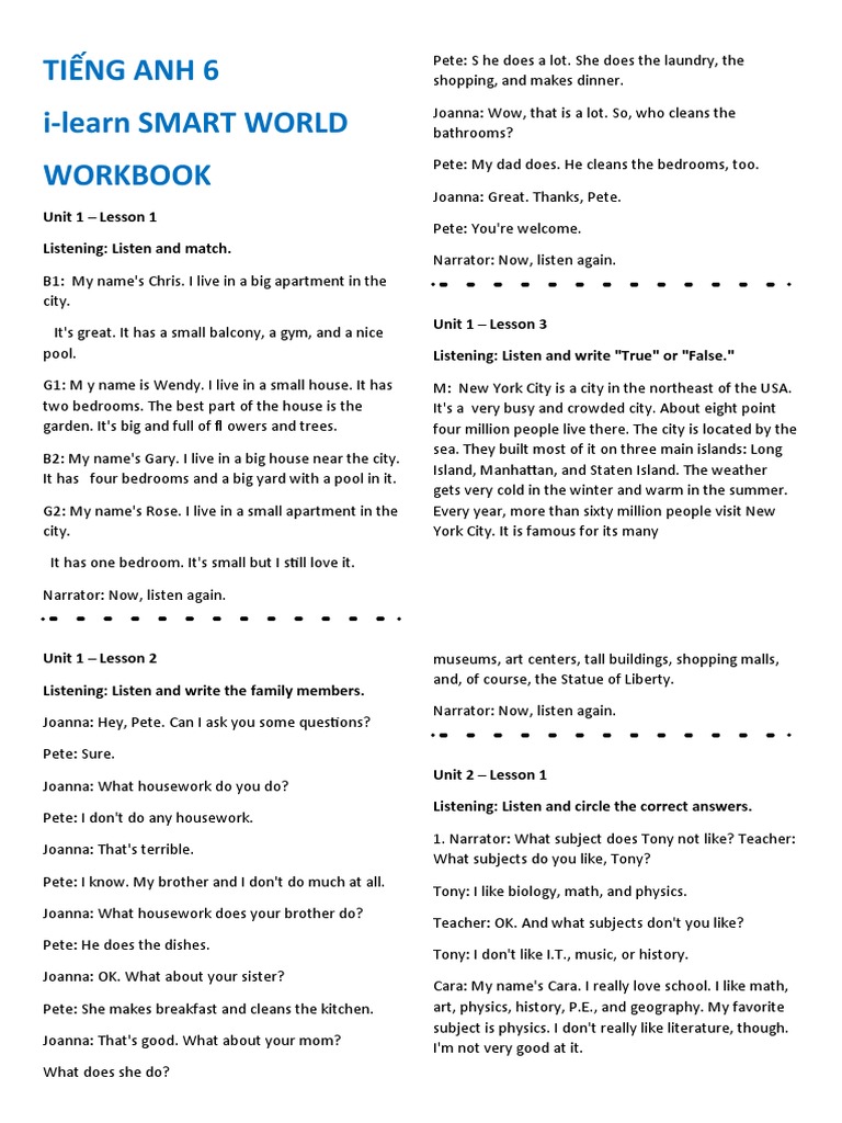 Tapescript - tiếng Anh 6 Smart World - wb | PDF