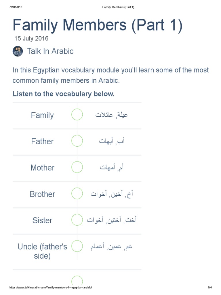 Common Egyptian Arabic Terms for Family Members and Their Translations ...