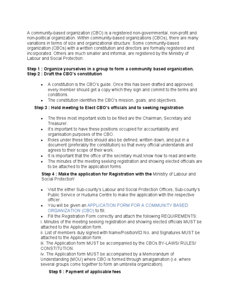 Application Form For A Community Based Organization (Cbo) | PDF ...