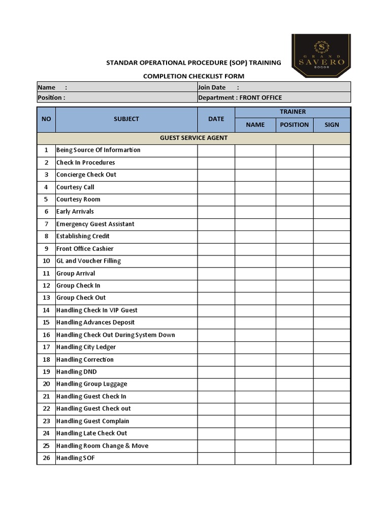 SOP Training Completion Checklist | Download Free PDF | Drink | Home