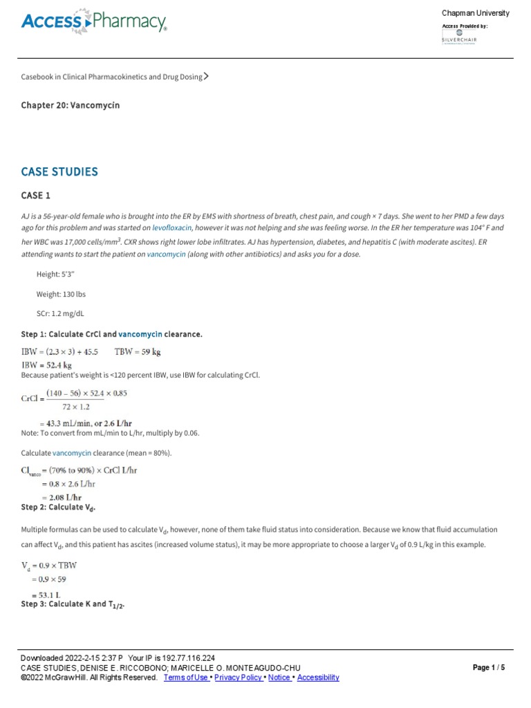 Case Studies: Chapter 20: Vancomycin | PDF | Chemistry | Dose (Biochemistry)