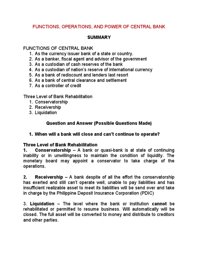 Central Bank Functions and Rehabilitation | PDF | Banks | Central Banks