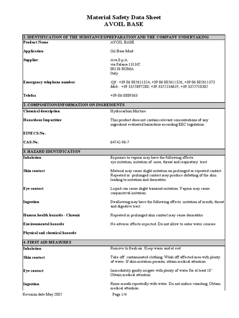 Material Safety Data Sheet Avoil Base | PDF