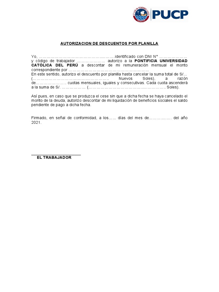 Formato de Autorización para Descuento Por Planilla 2021 | PDF